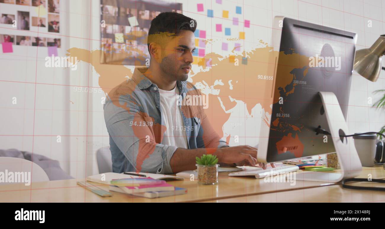 Image of world map and data processing over biracial businessman using computer Stock Photo - Alamy
