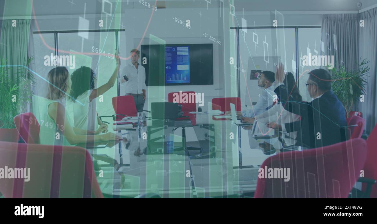 Image of statistical data processing over caucasian man giving a ...
