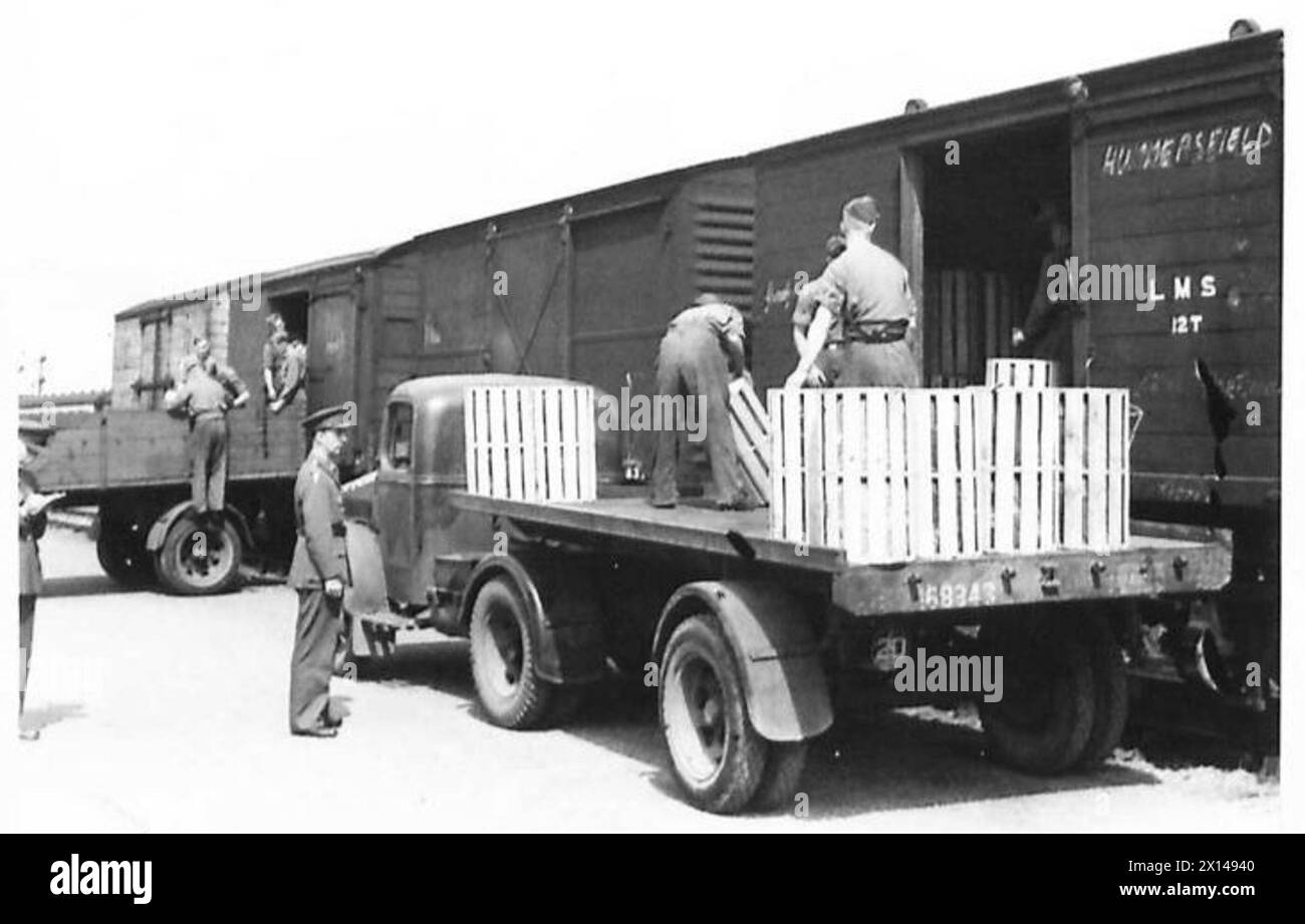 Food supplies including cheese are unloaded at N9 M.S.D. Depot, Newbury ...
