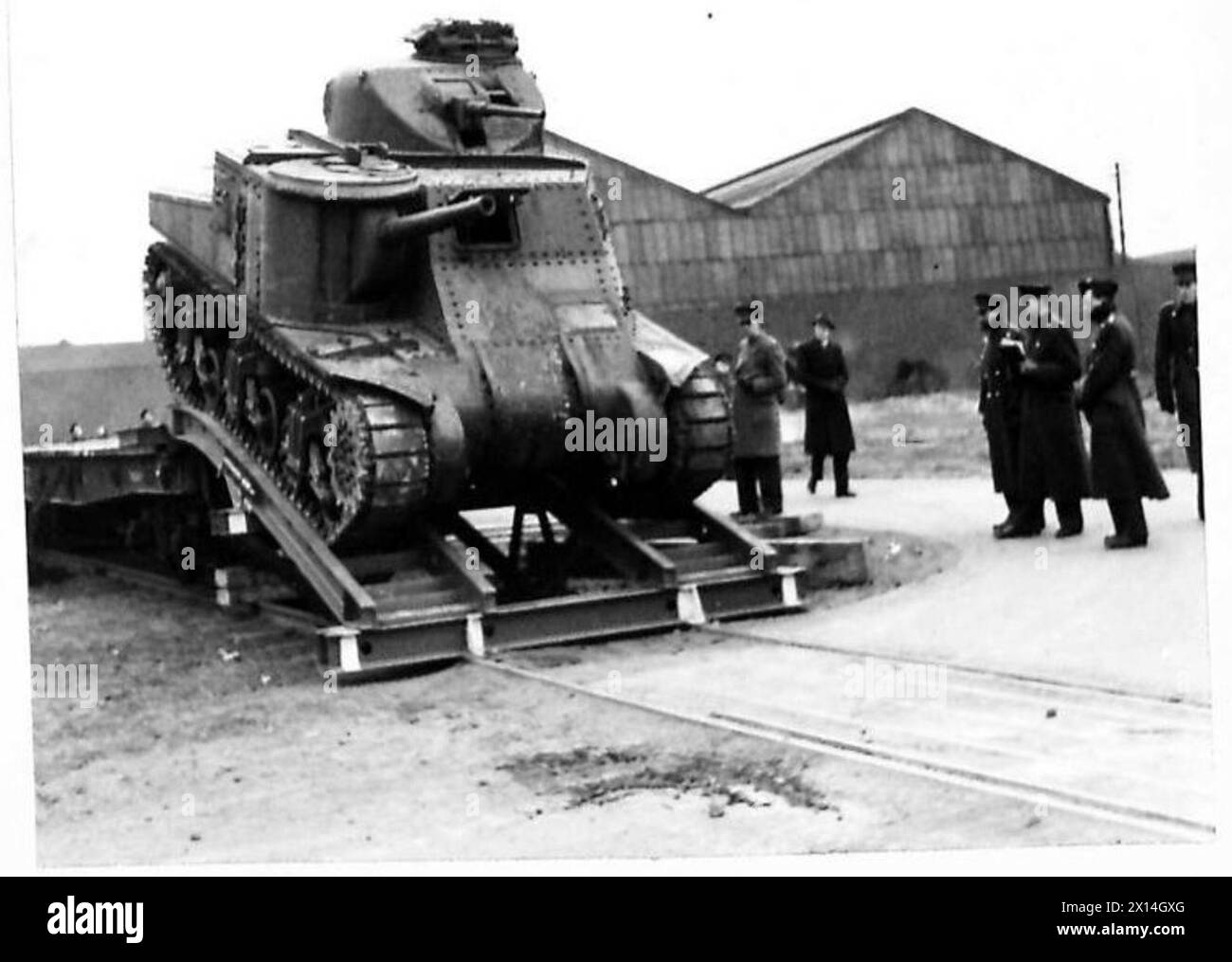 An American Mk III tank is positioned on a 50-ton ramp ladder during ...