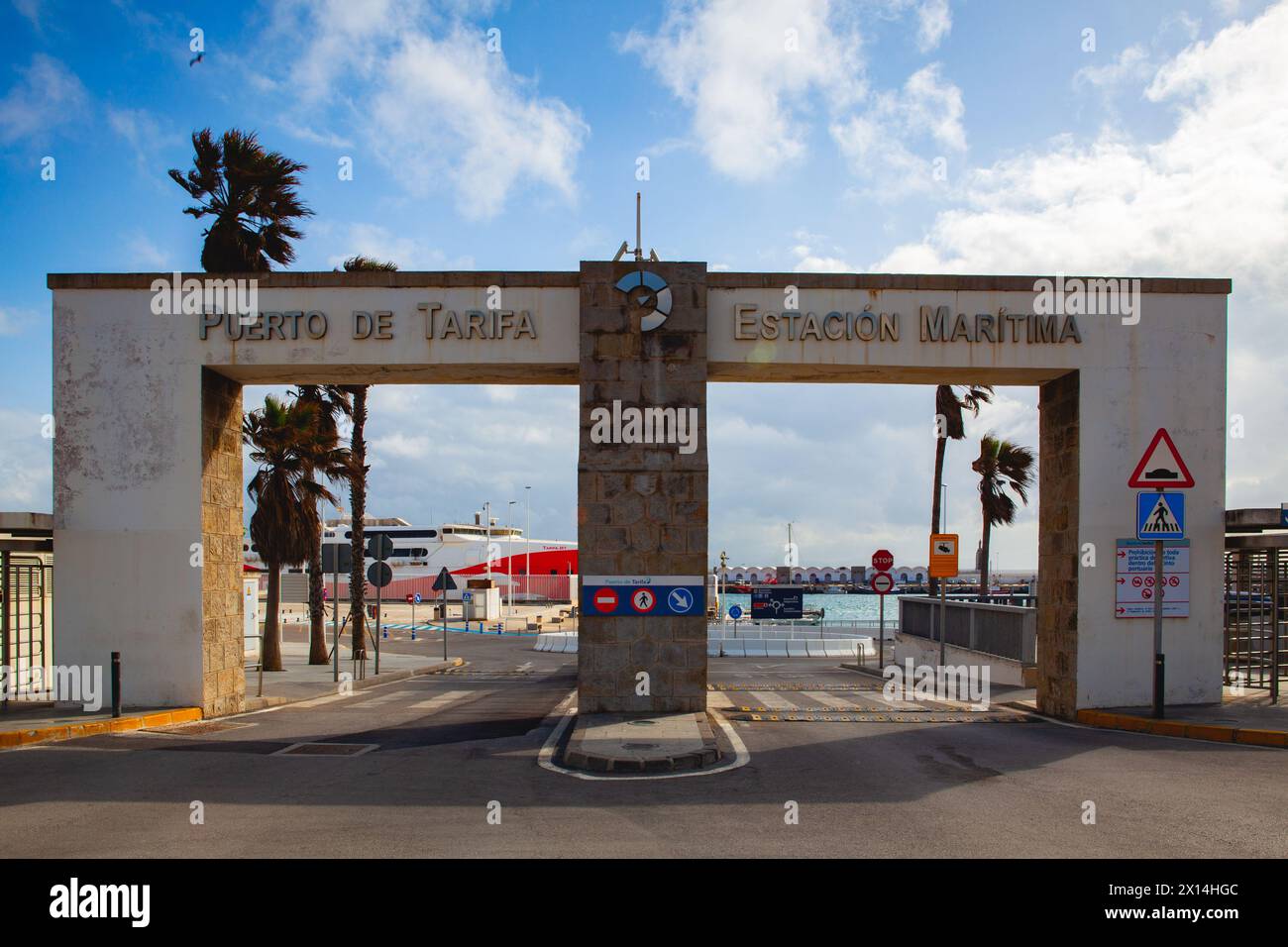 HSC Tarifa Jet ship at the main entrance to the Tarifa harbor Stock ...