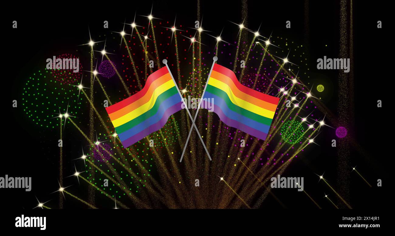 Image of pride rainbow flags and fireworks exploding on black ...
