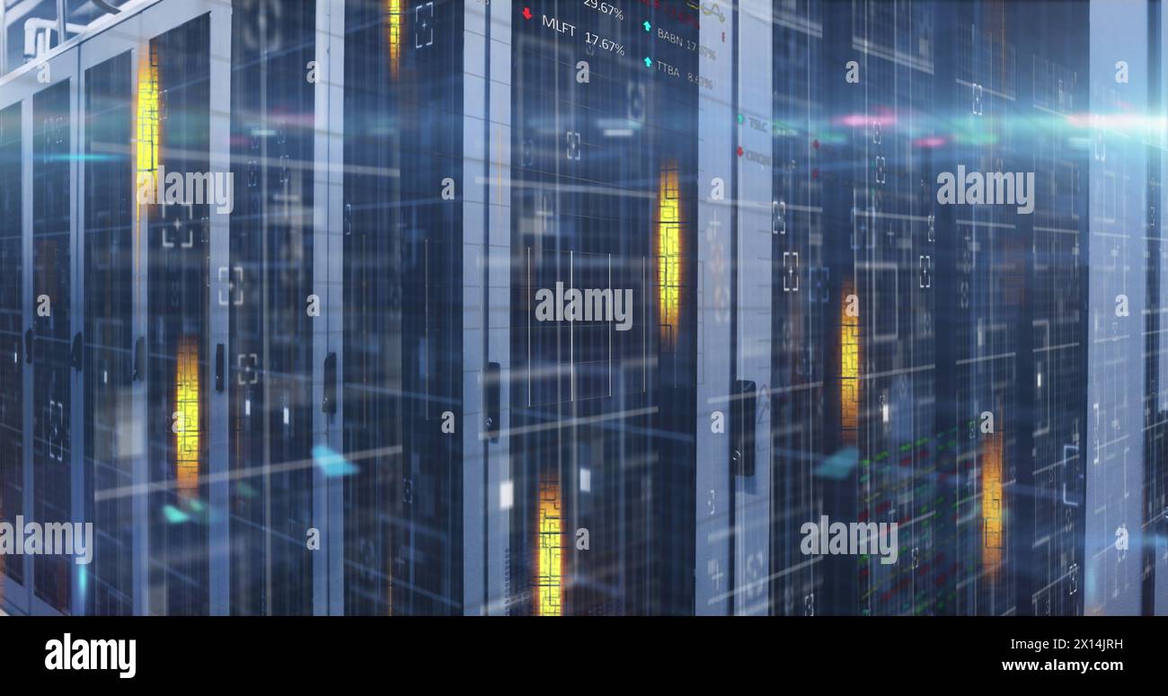 Glowing yellow lights and data processing over computer server room ...