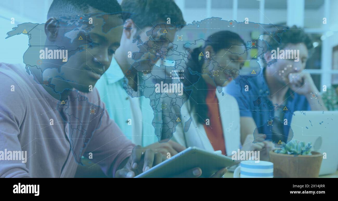 Image of world map over diverse business people working at office Stock ...