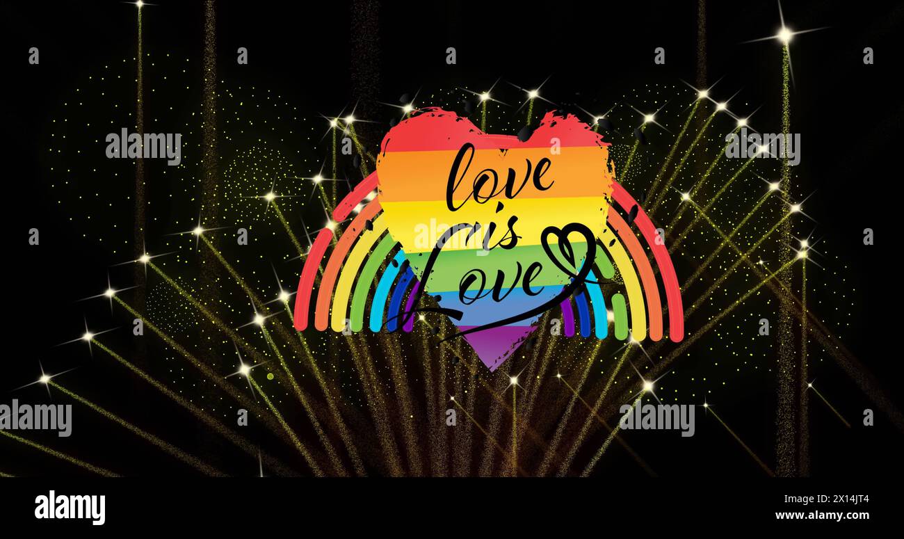 Image of pride rainbow love is love text, heart and fireworks exploding ...