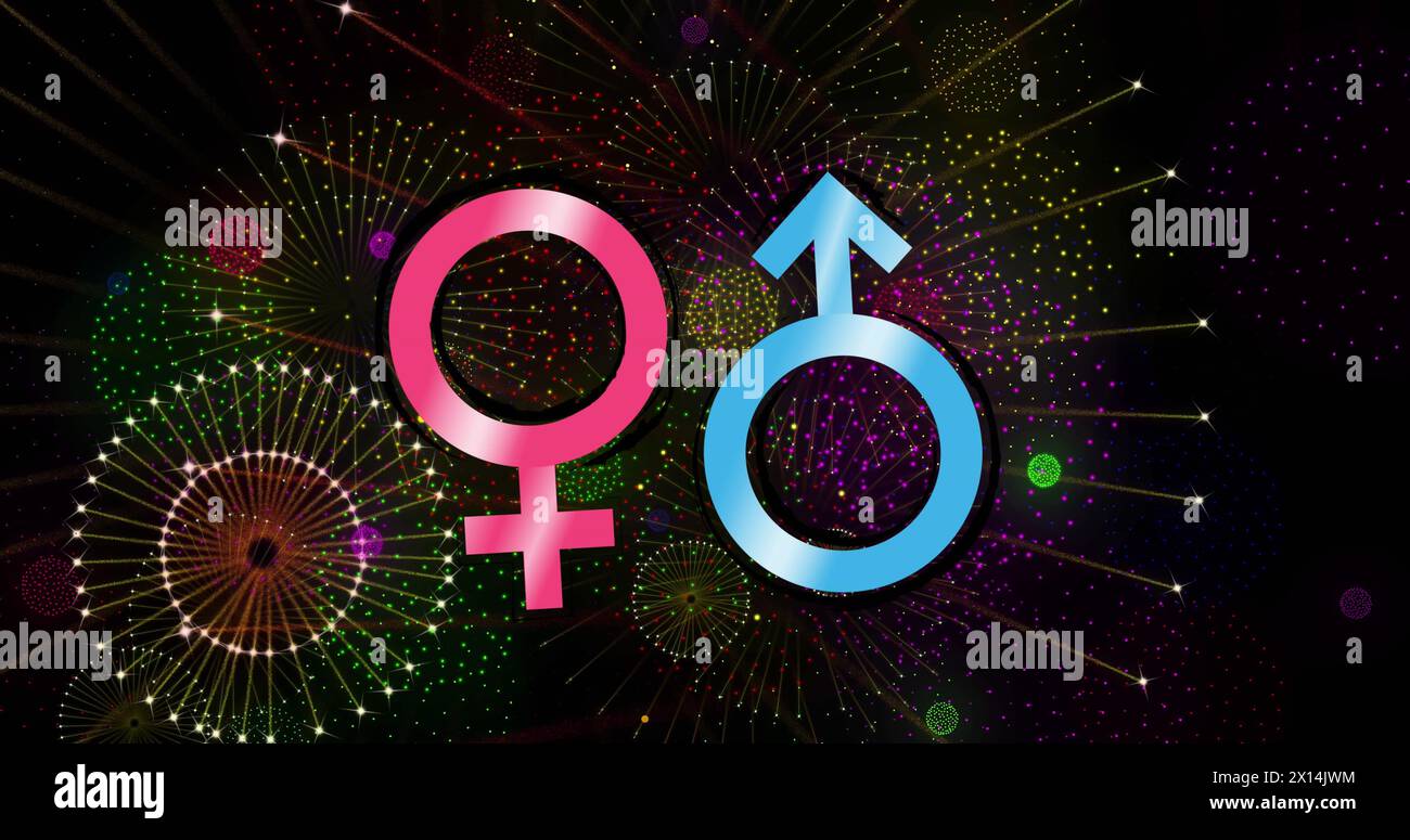 Image of male and female symbols and fireworks exploding on black ...
