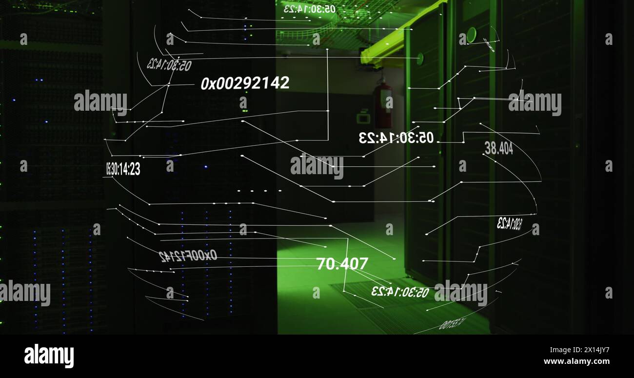 Networks and data processing over green lit, dark computer server room ...