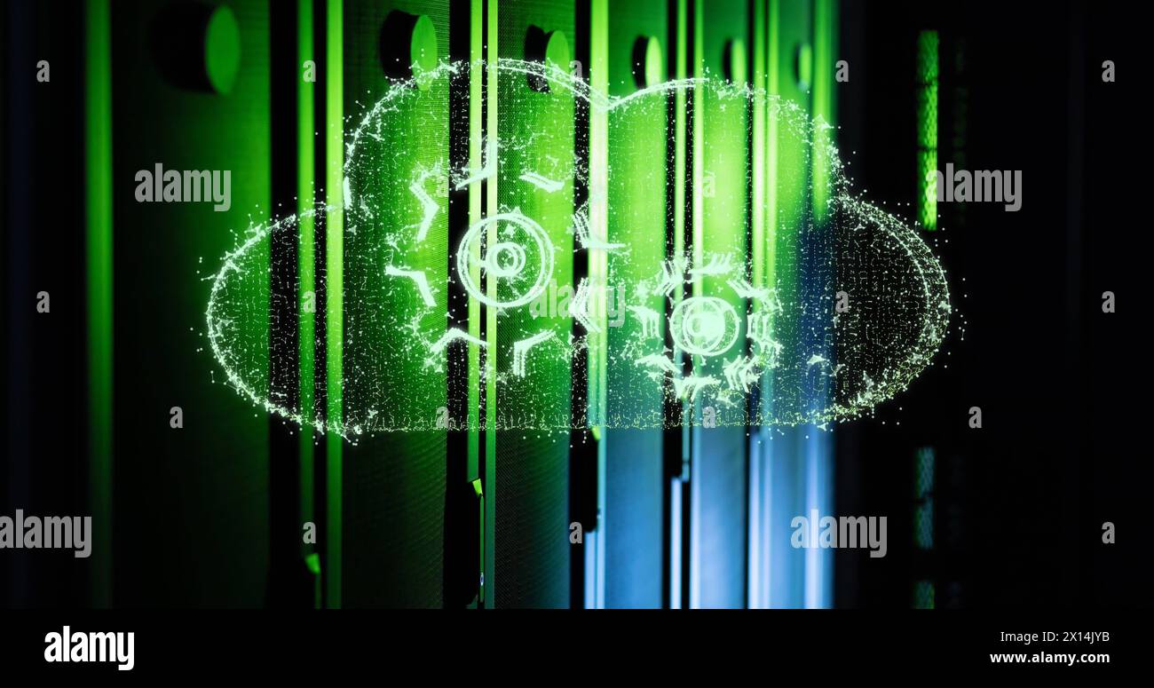 Cloud network processing data over green lit, dark computer server room ...