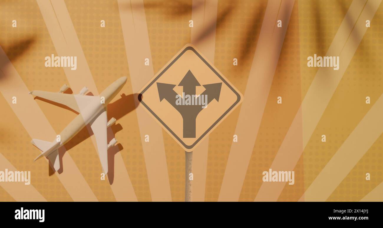 Image of road sign with arrows and lines over plane Stock Photo - Alamy