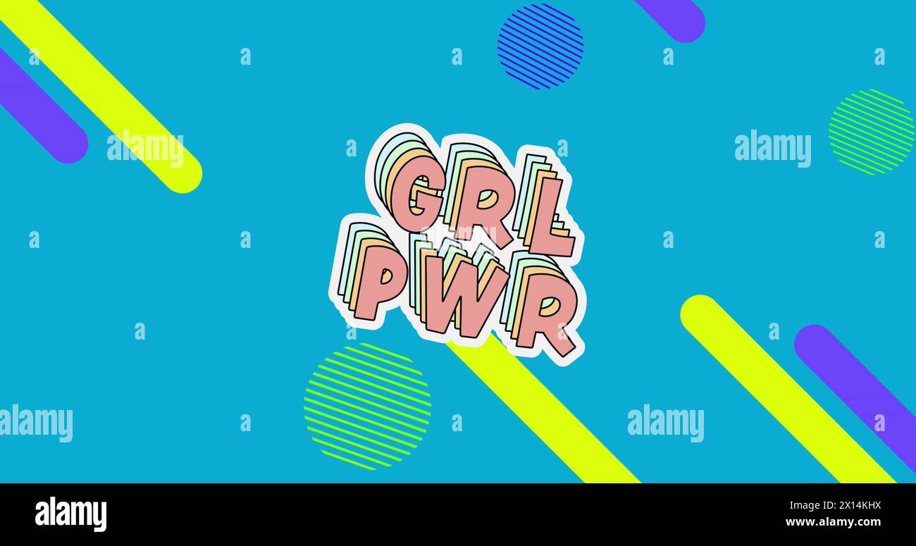 Image of girl power text and abstract shapes moving over blue ...