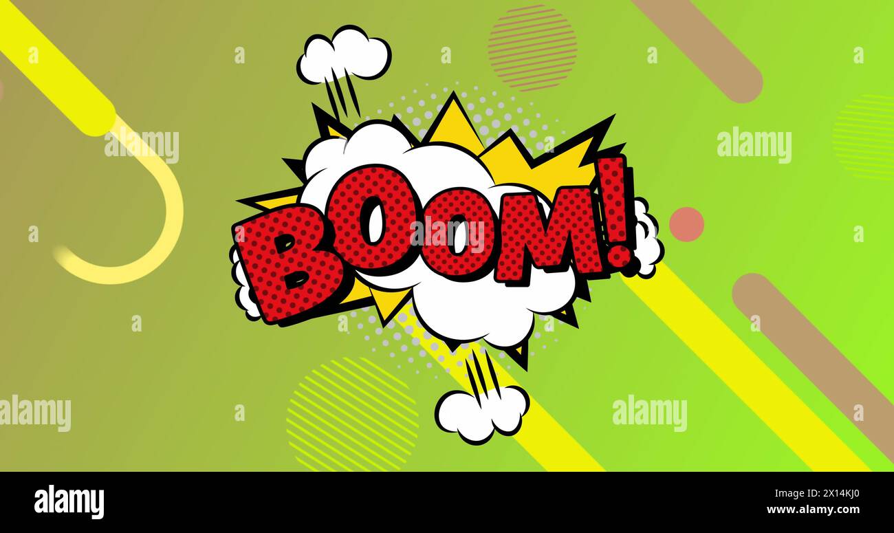 Image of retro boom text and abstract shapes moving over green ...