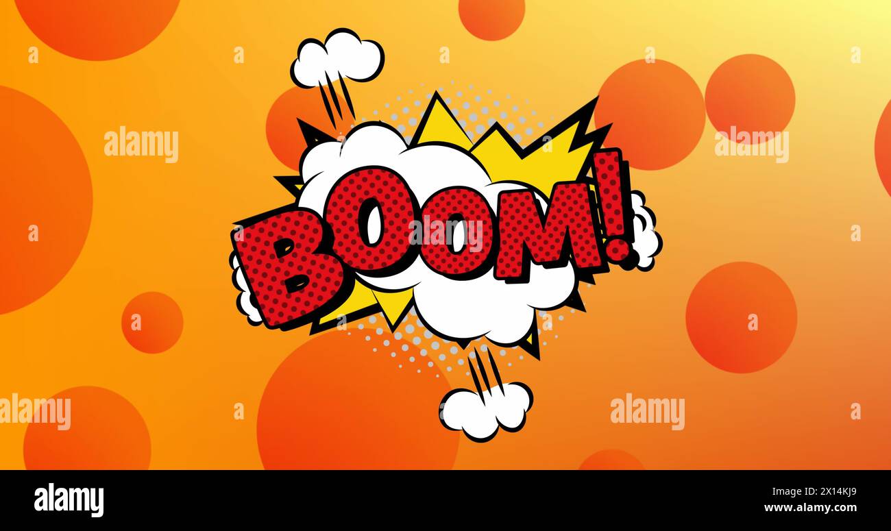 Image of retro boom text and abstract shapes moving on over orange ...