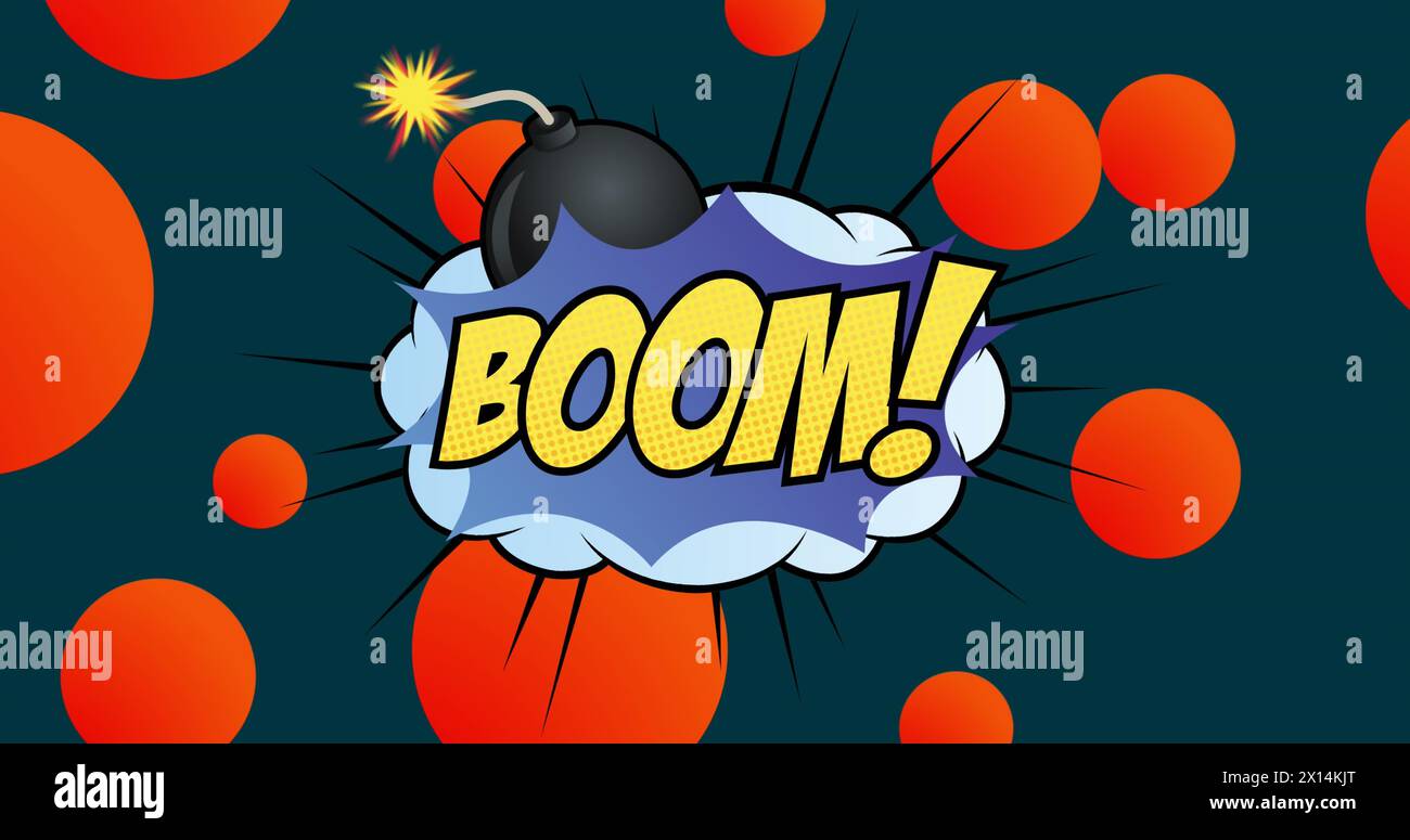 Image of retro boom text and abstract shapes moving on over dark ...