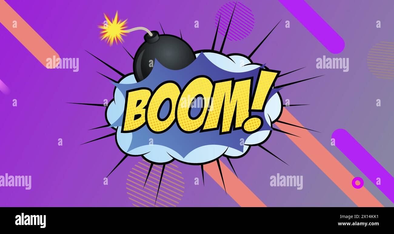 Image of retro boom text and abstract shapes moving on over purple ...