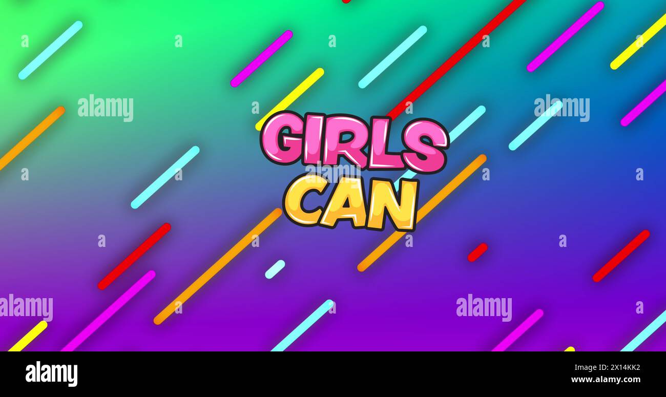 Image of girls can text and abstract shapes moving over green to purple ...