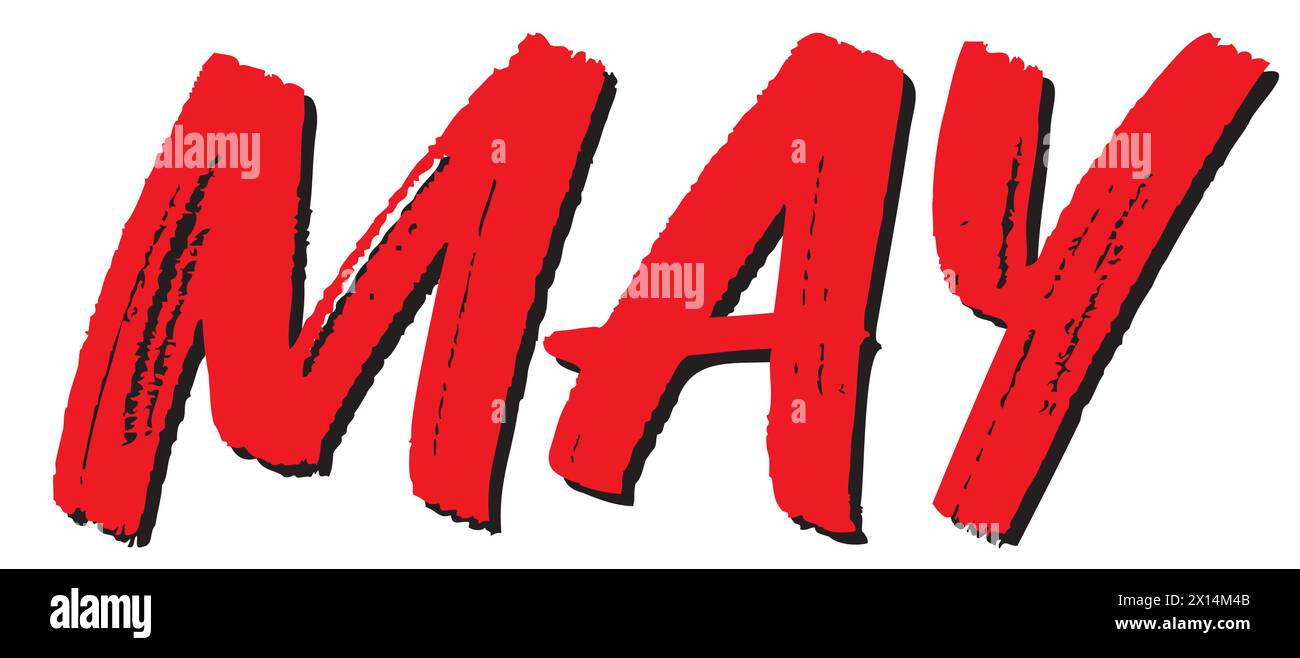 Red word of month 'MAY'. Vector illustration. Title of May with grunge ...