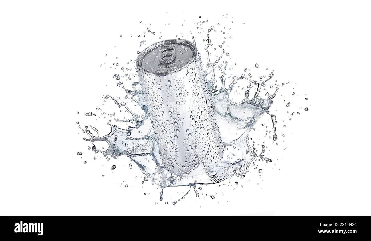 Blank white aluminum 280 ml soda can with drops splash mockup, 3d ...