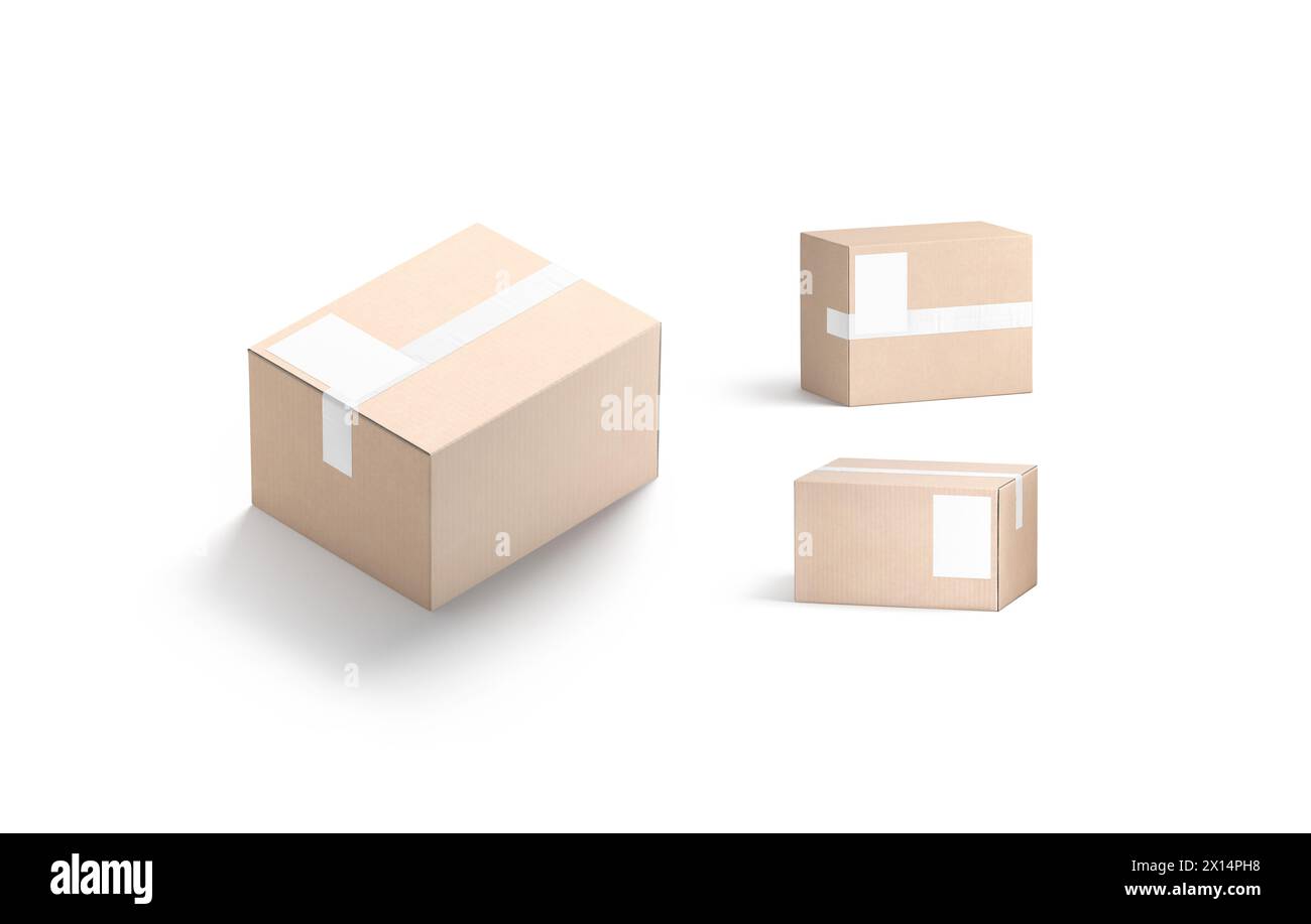 Blank white shipping label on craft box mockup, different sides, 3d ...