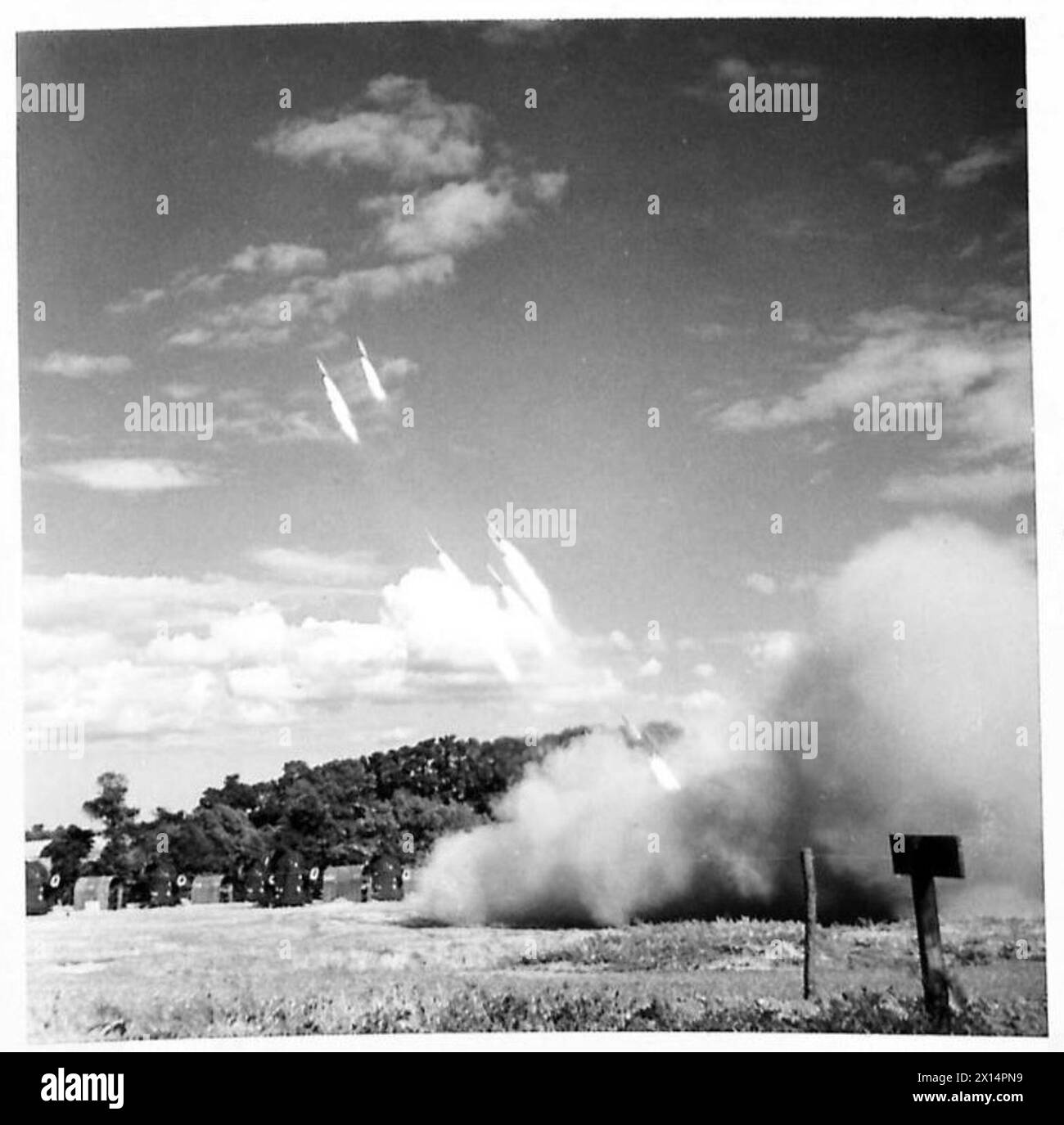 A 20-barrel "Z" anti-aircraft projector is shown in operation at a ...
