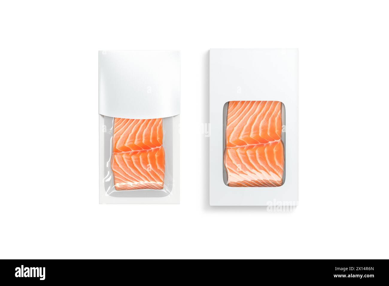 Blank white box and transparent label pack with salmon mockup, 3d ...