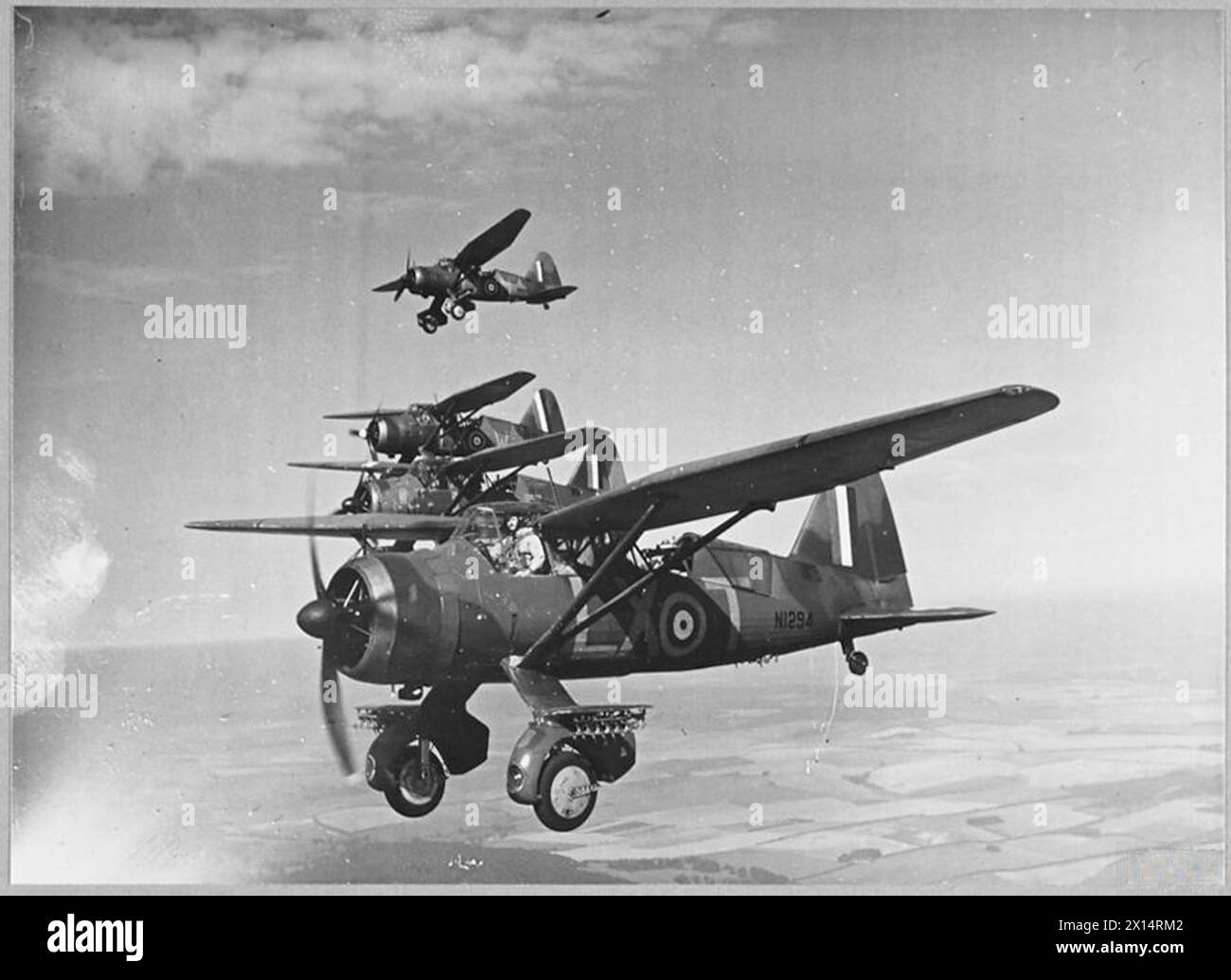 Lysander aircraft of the RAF fly in echelon formation, demonstrating ...