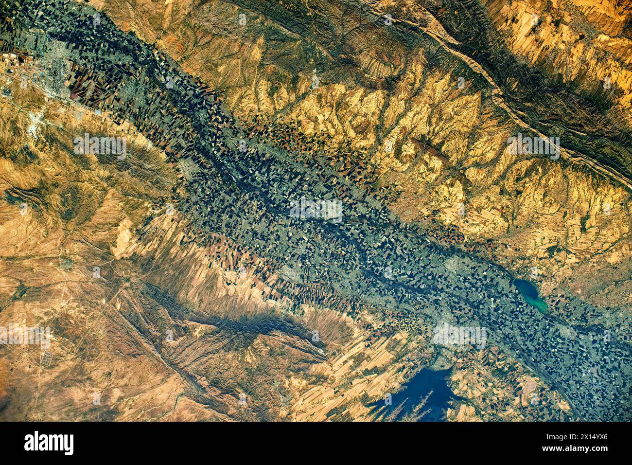 River and land features in Uzbekistan. Digital enhancement of an image ...