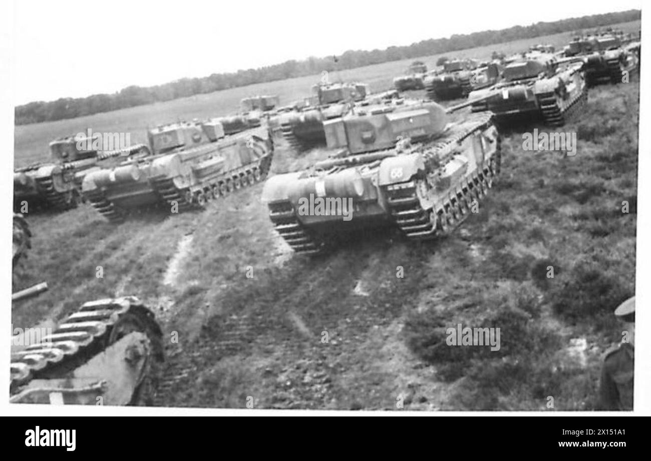 British Army Churchill tanks lined up and prepared for a brigade ...