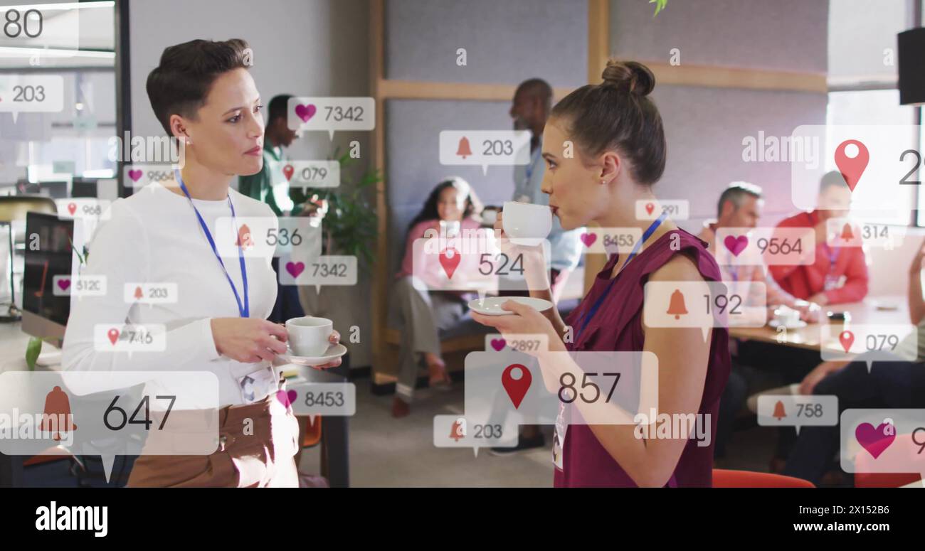 Image of notification bars over diverse female coworkers sharing ideas ...