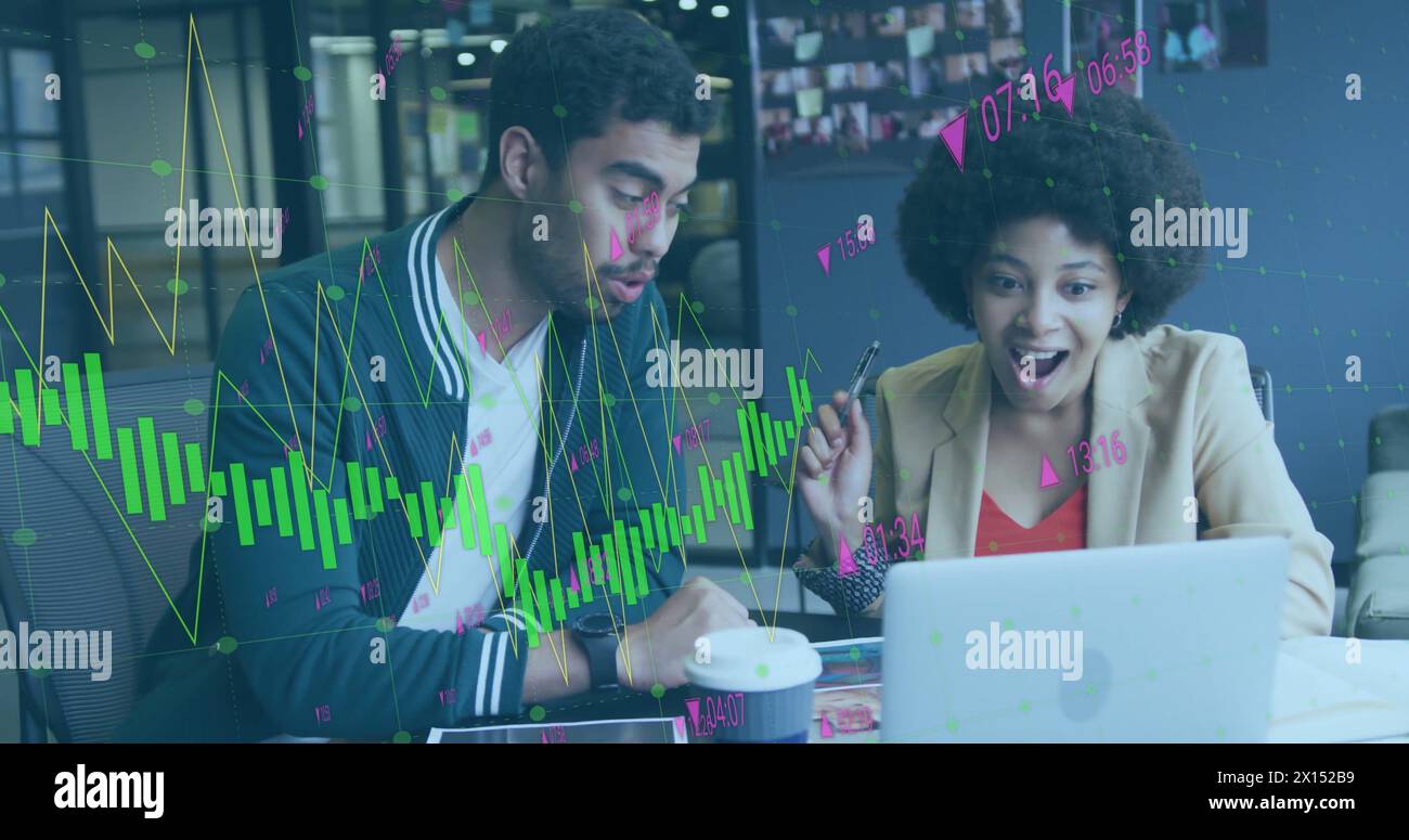 Image of changing numbers and graphs over diverse coworkers discussing ...