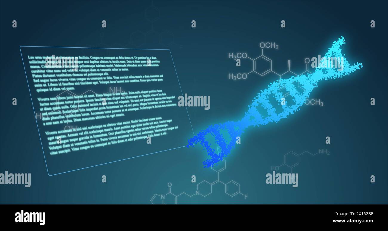 Image of data processing with dna strand and chemical formula on blue background Stock Photo - Alamy