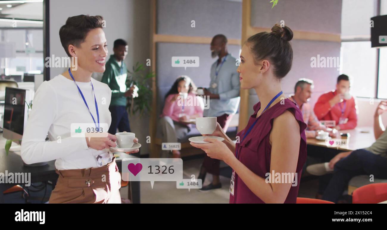 Image of notification bars over diverse female coworkers sharing ideas ...