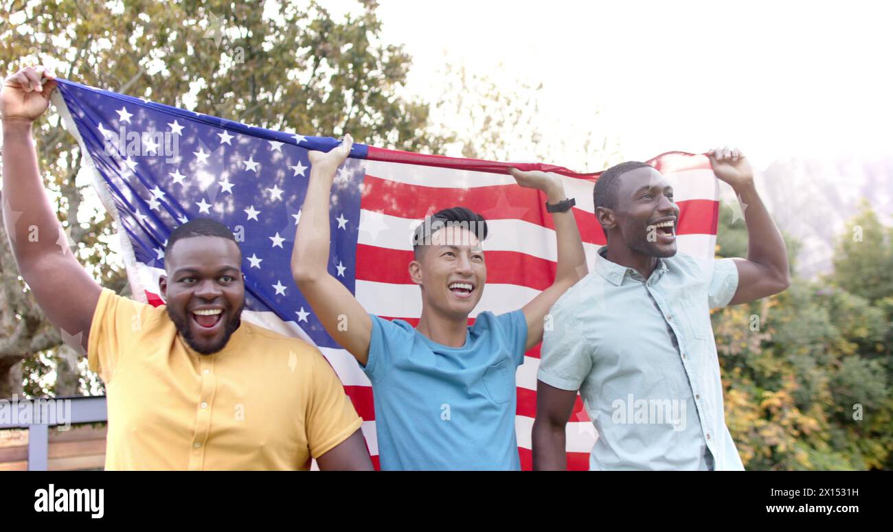 Image of go vote text and american flag with happy diverse friends ...