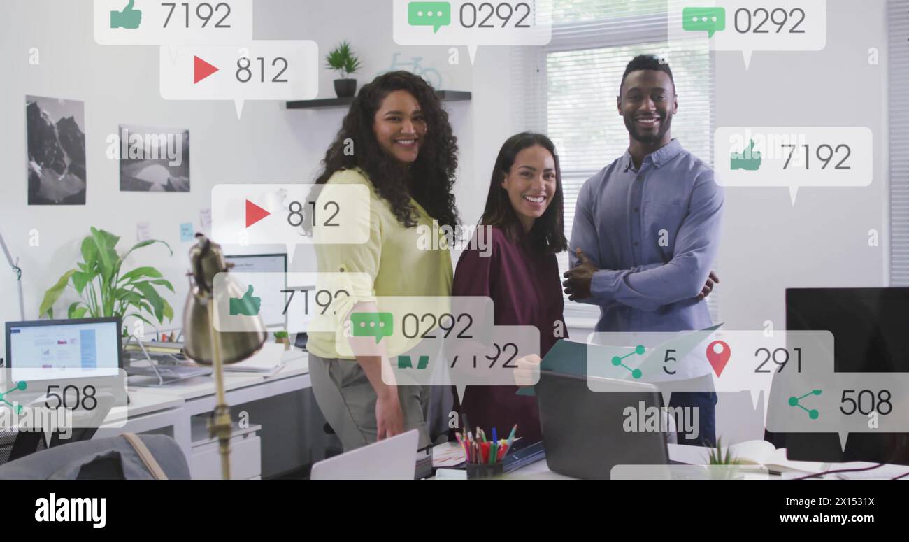 Image of multiple notification bars over diverse coworkers smiling ...