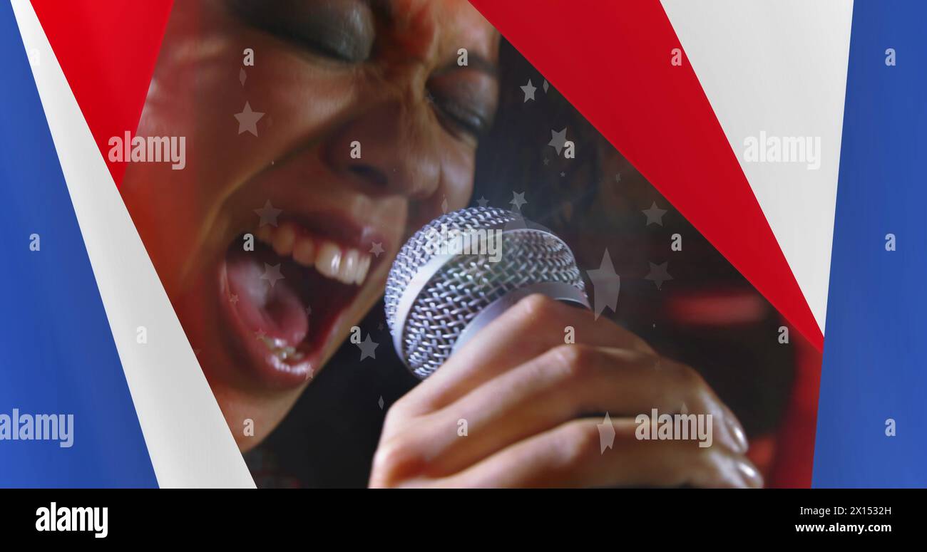 Image of american flag elements over diverse audience, singer and ...