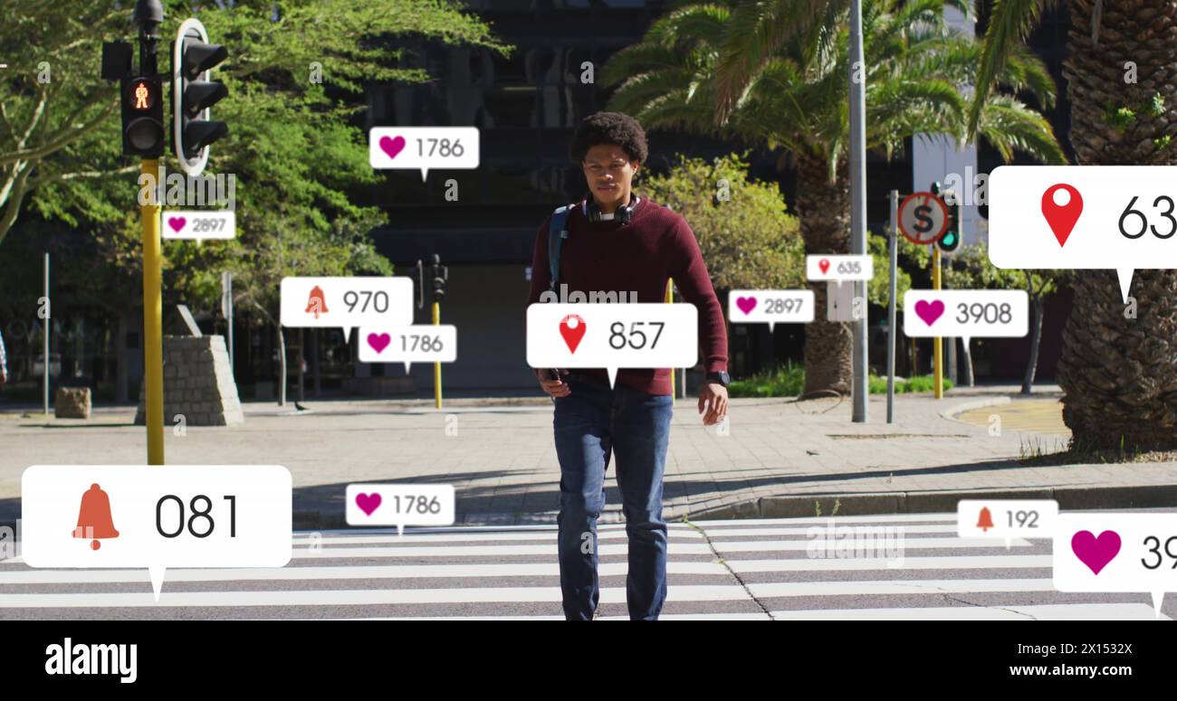 Image of notification bars over biracial man looking at cellphone while ...
