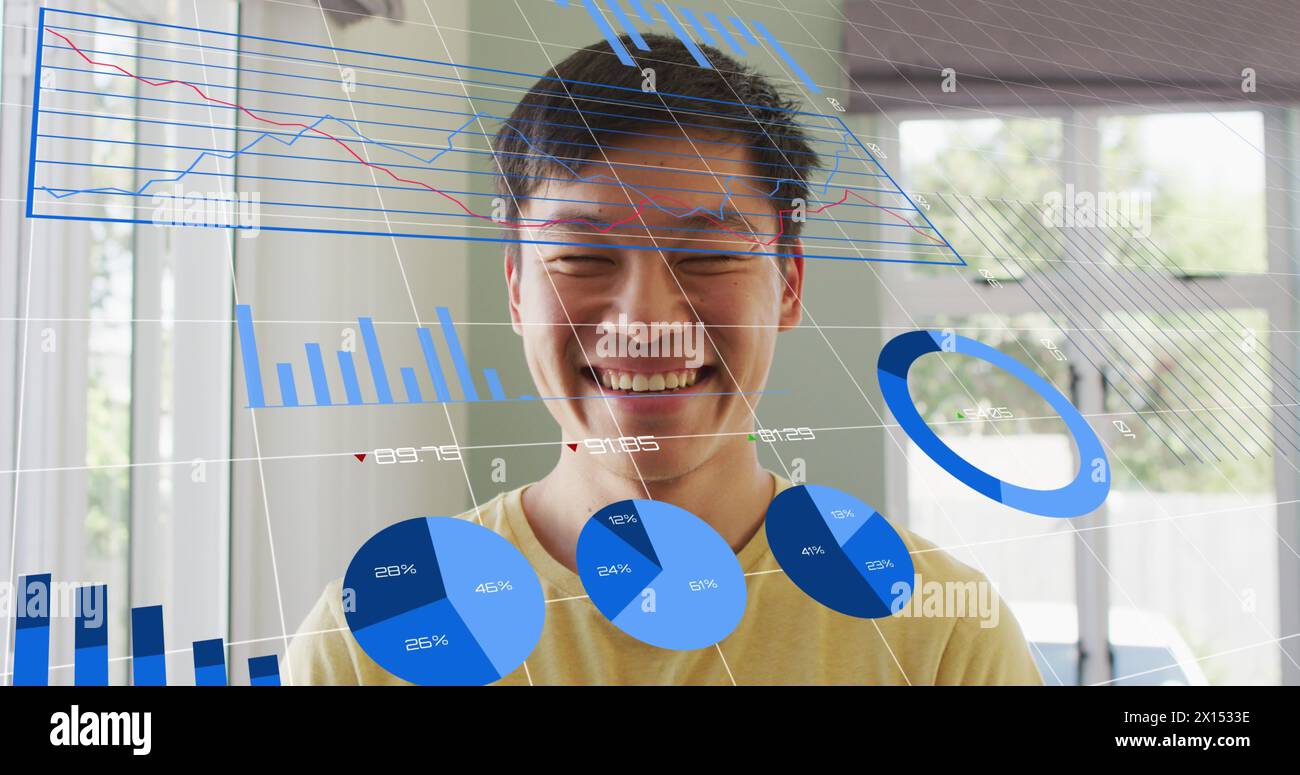 Image of multiple graphs with changing numbers over close up of smiling ...