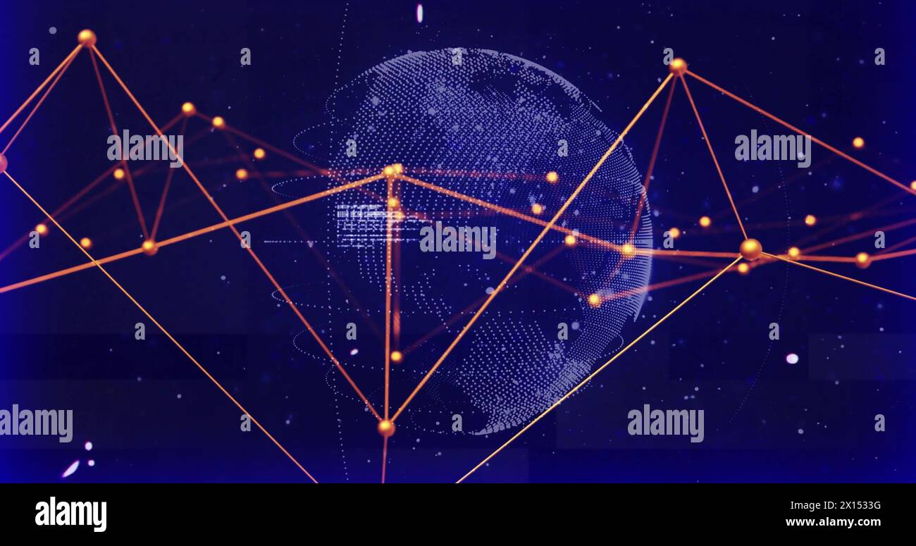 Image of connected dots and computer language over globe against black ...