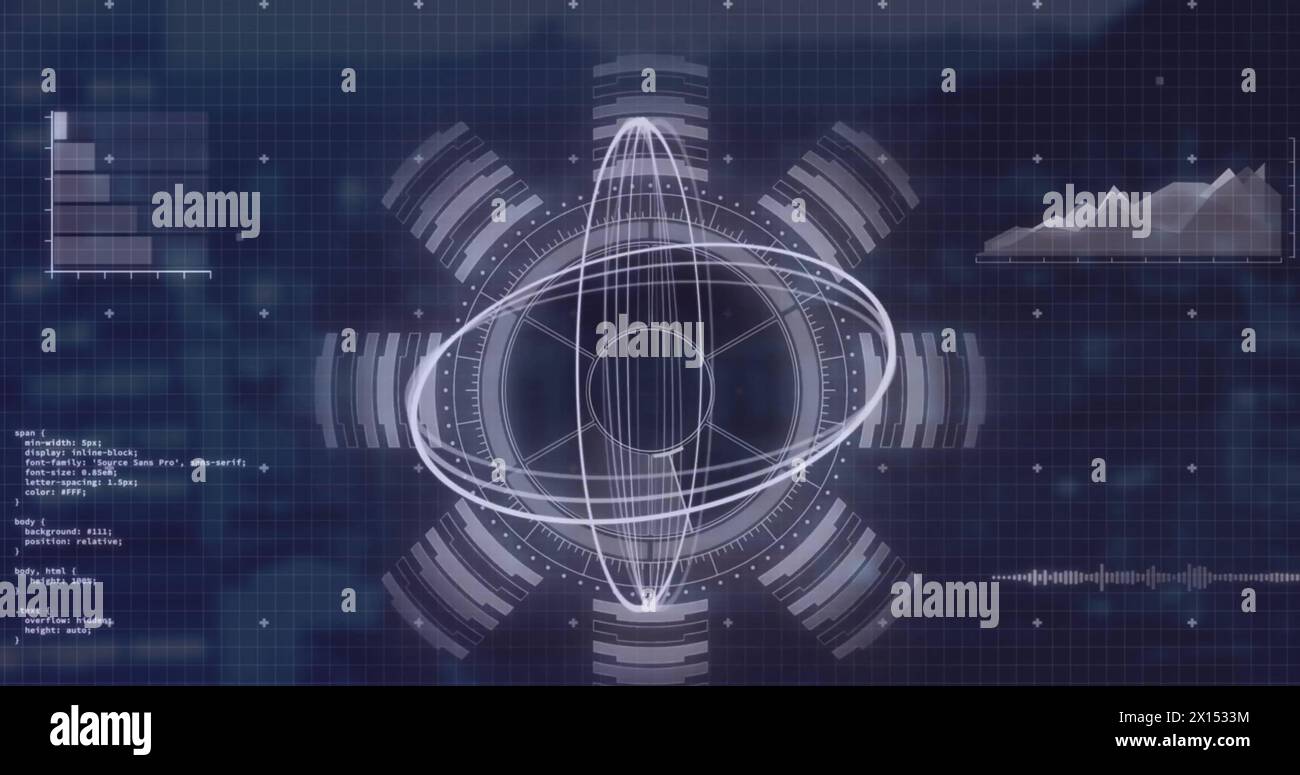Image of circles on arc reactor, graphs and computer language over abstract background Stock ...