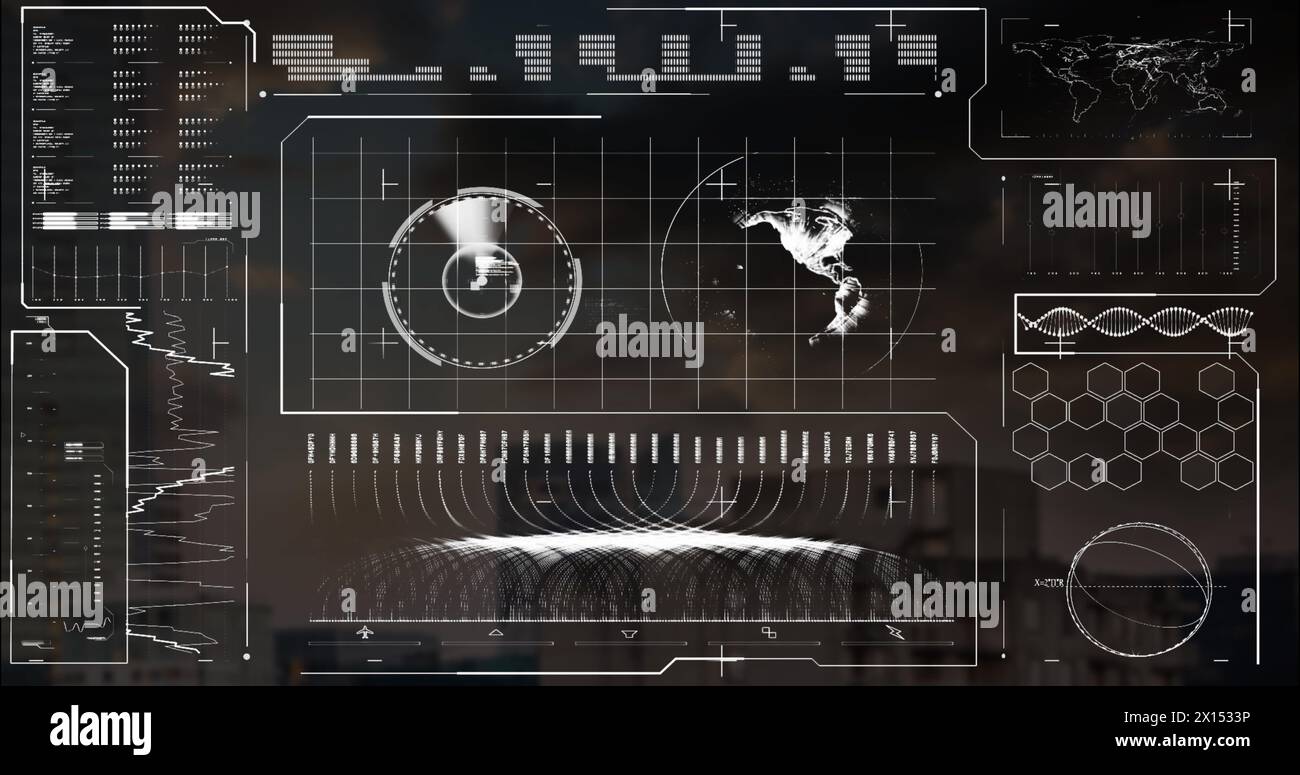 Image of map, globe, loading bars, soundwave over modern buildings ...