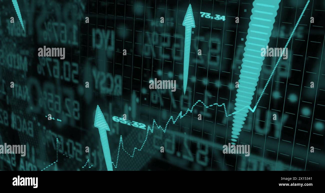 Image of graphs, up arrows, changing numbers and trading board over black background Stock Photo ...