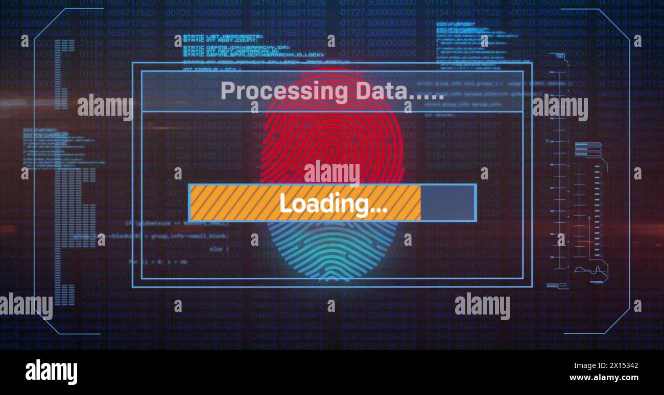 Image of loading bars, computer language, fingerprint and changing numbers on black background ...