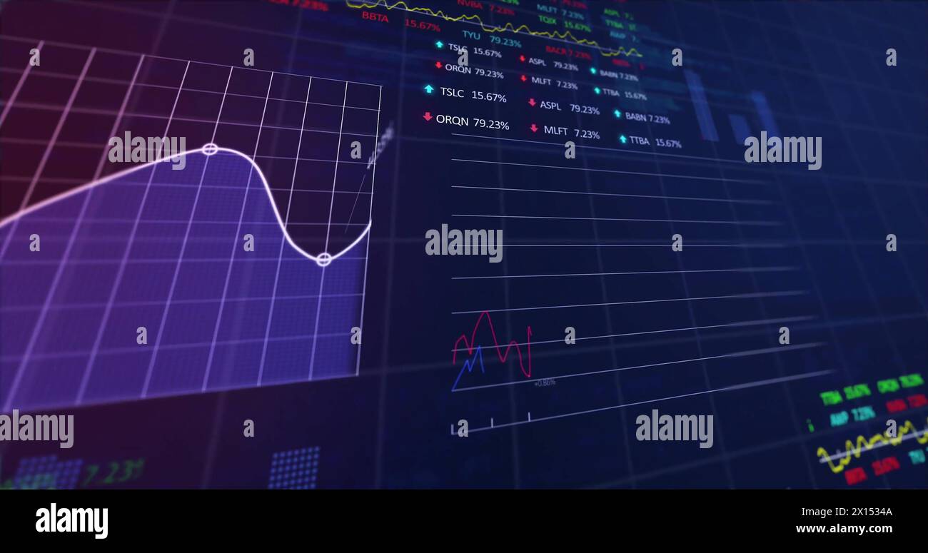 Image of graphs, trading boards and computer language over black background Stock Photo - Alamy