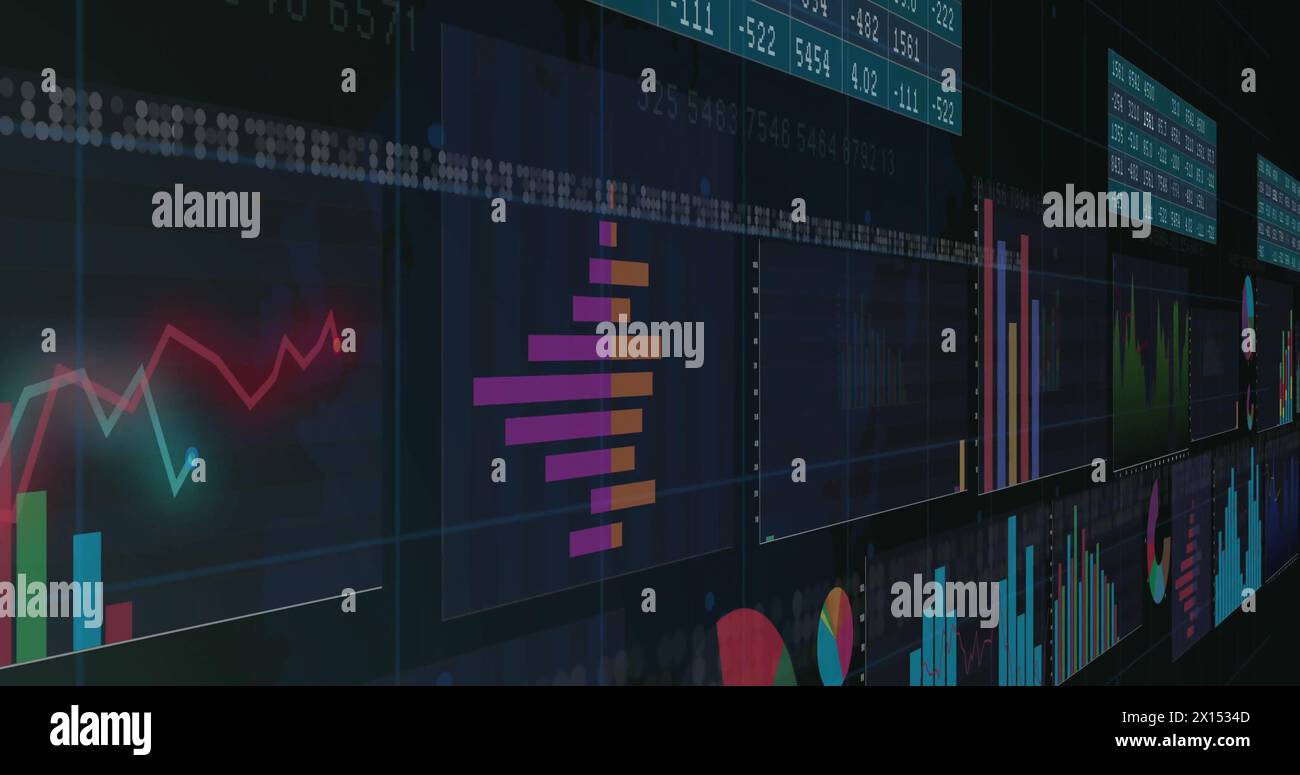 Image of multicolored graphs and number charts over black background ...