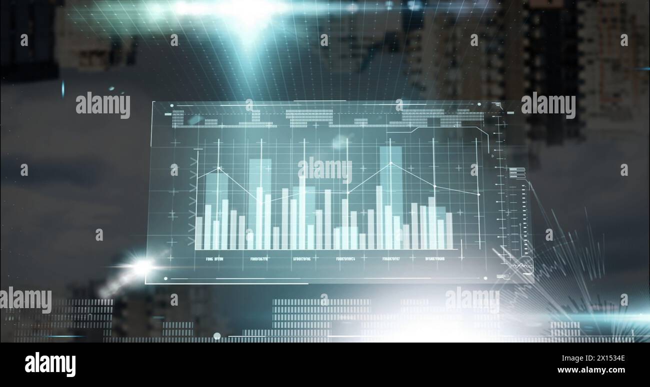 Image of graphs, loading bars and computer language over modern buildings against cloudy sky ...