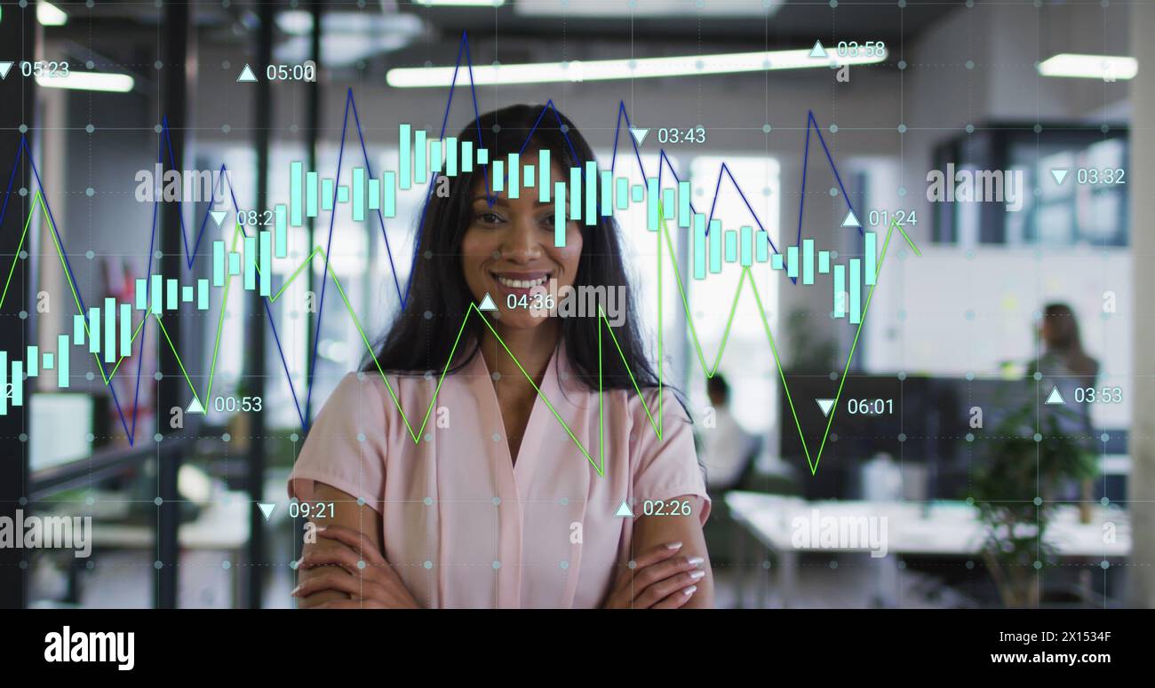 Image of multiple graphs with changing numbers over smiling biracial woman standing arms crossed ...