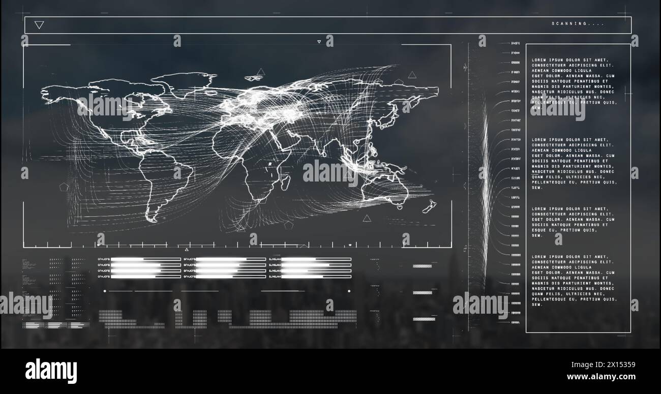 Image of illuminated loading bars, map over modern cityscape against ...