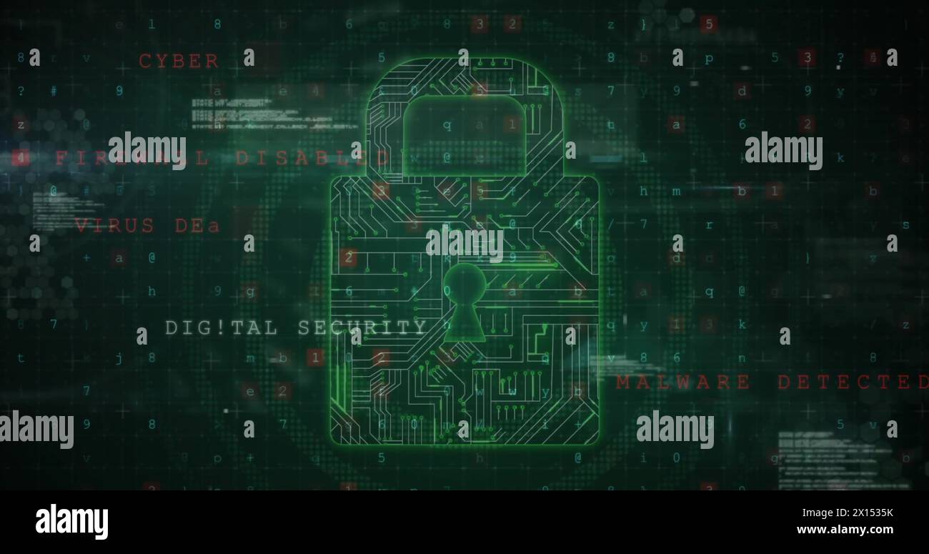 Image of padlock, computer language, numbers, letters, symbols, texts over black background ...