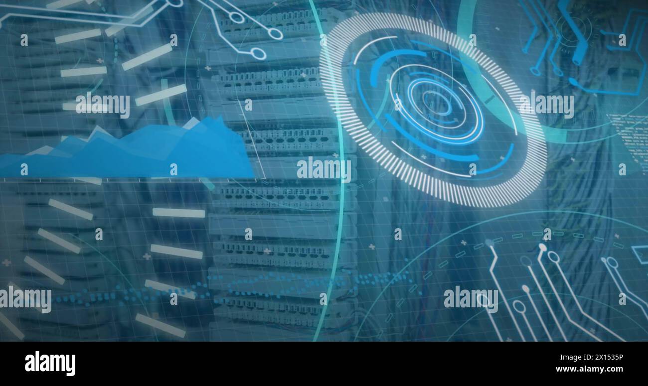 Image Of Loading Circles 5g Text Graph And Circuit Board Pattern Over Data Server Systems