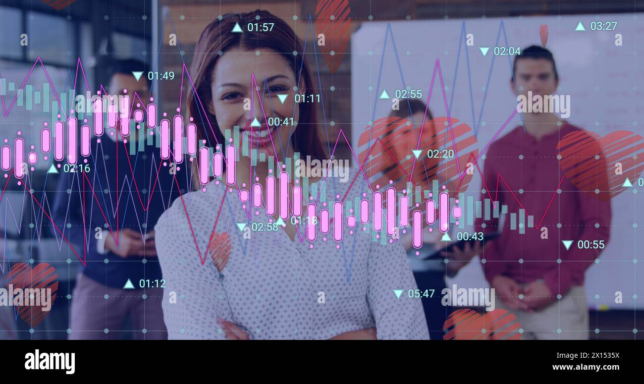 Image of changing numbers, graphs and heart icons over diverse ...