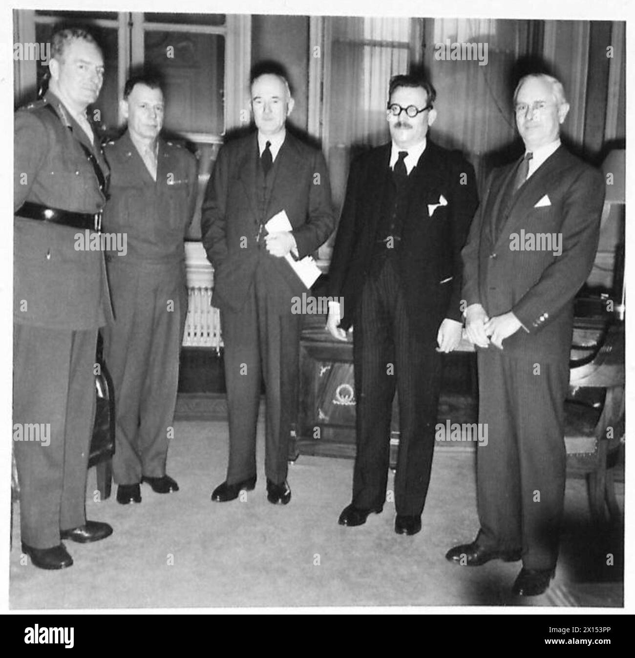 SHAEF VISIT TO BELGIAN PREMIER - Left to Right:- Maj-Gen G.W.E.J ...